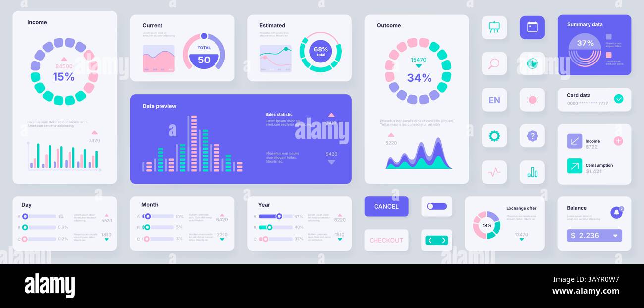 Infographic UI cards. Dashboard app UX, web application card layout with user account statistic ...