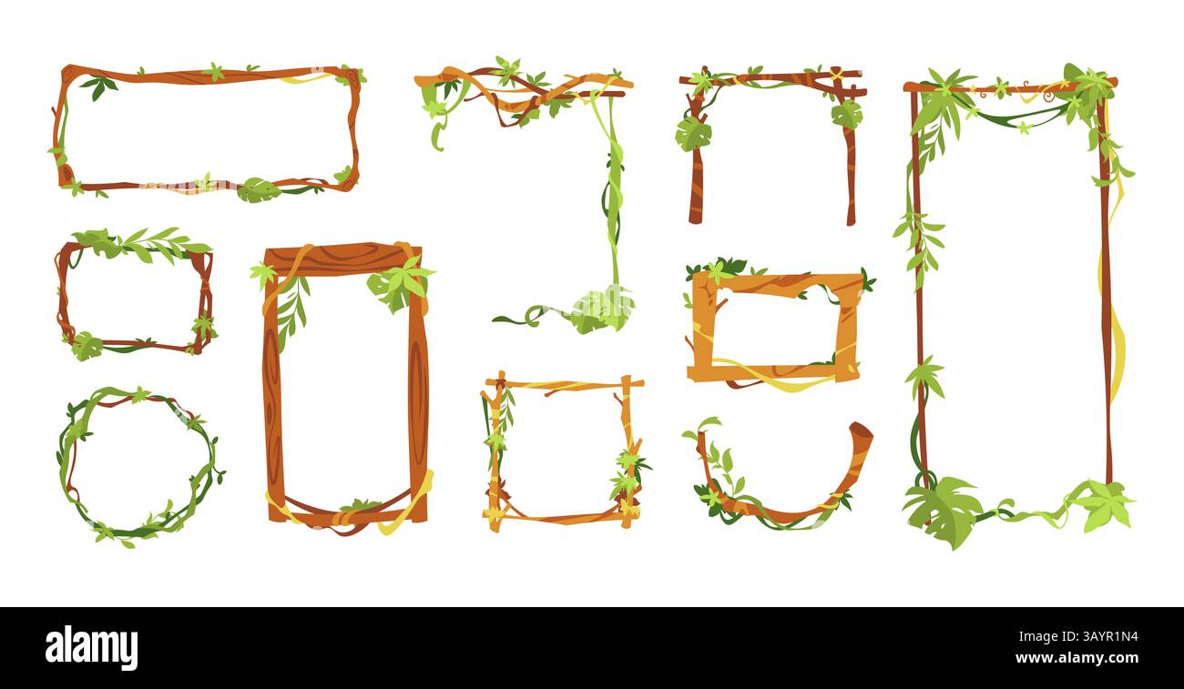 Cartoon liana frame. Vine branch game border with jungle lianas trees ...