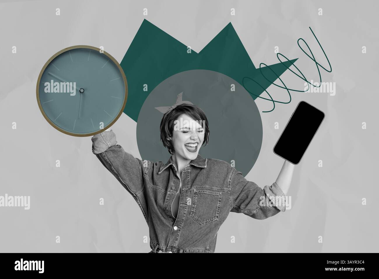 Pop creative collage of person stand holding with clock gadget over ...