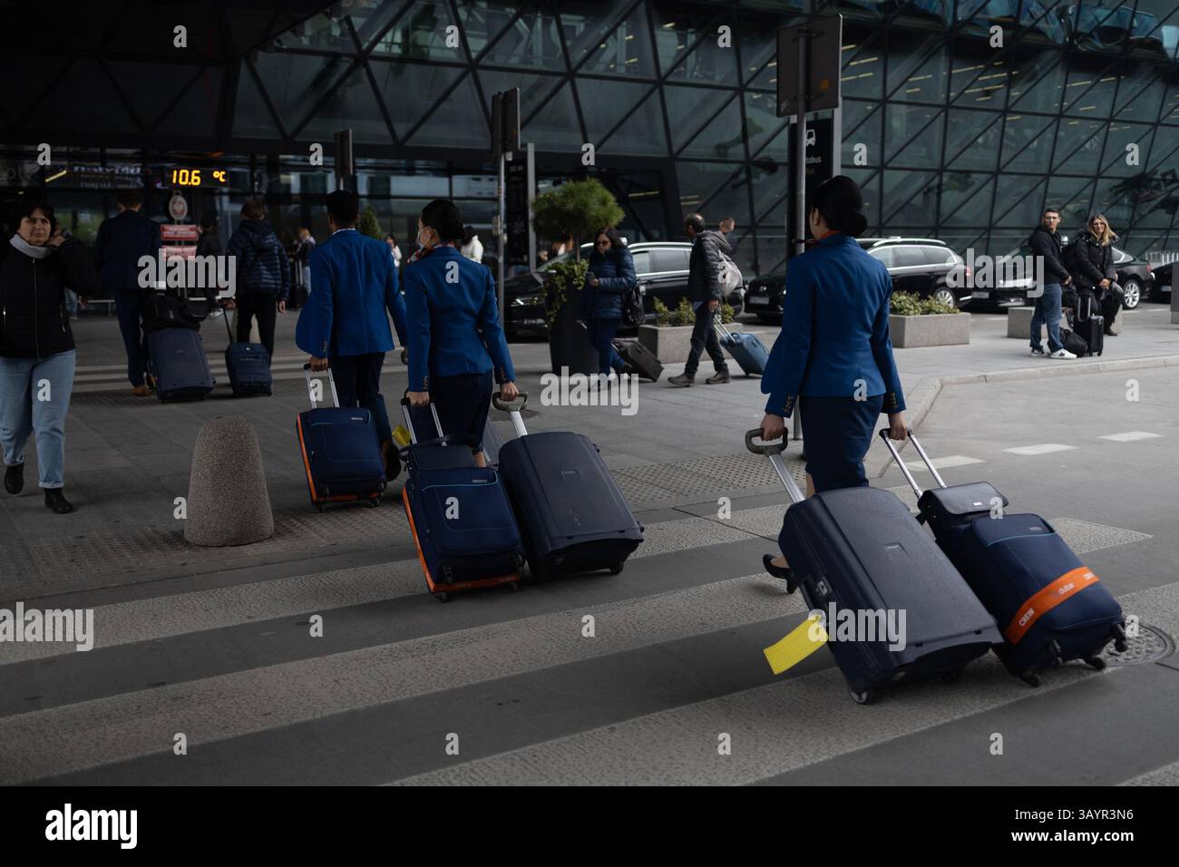 Flight attendants and pilots with trolley luggage bags walking in ...