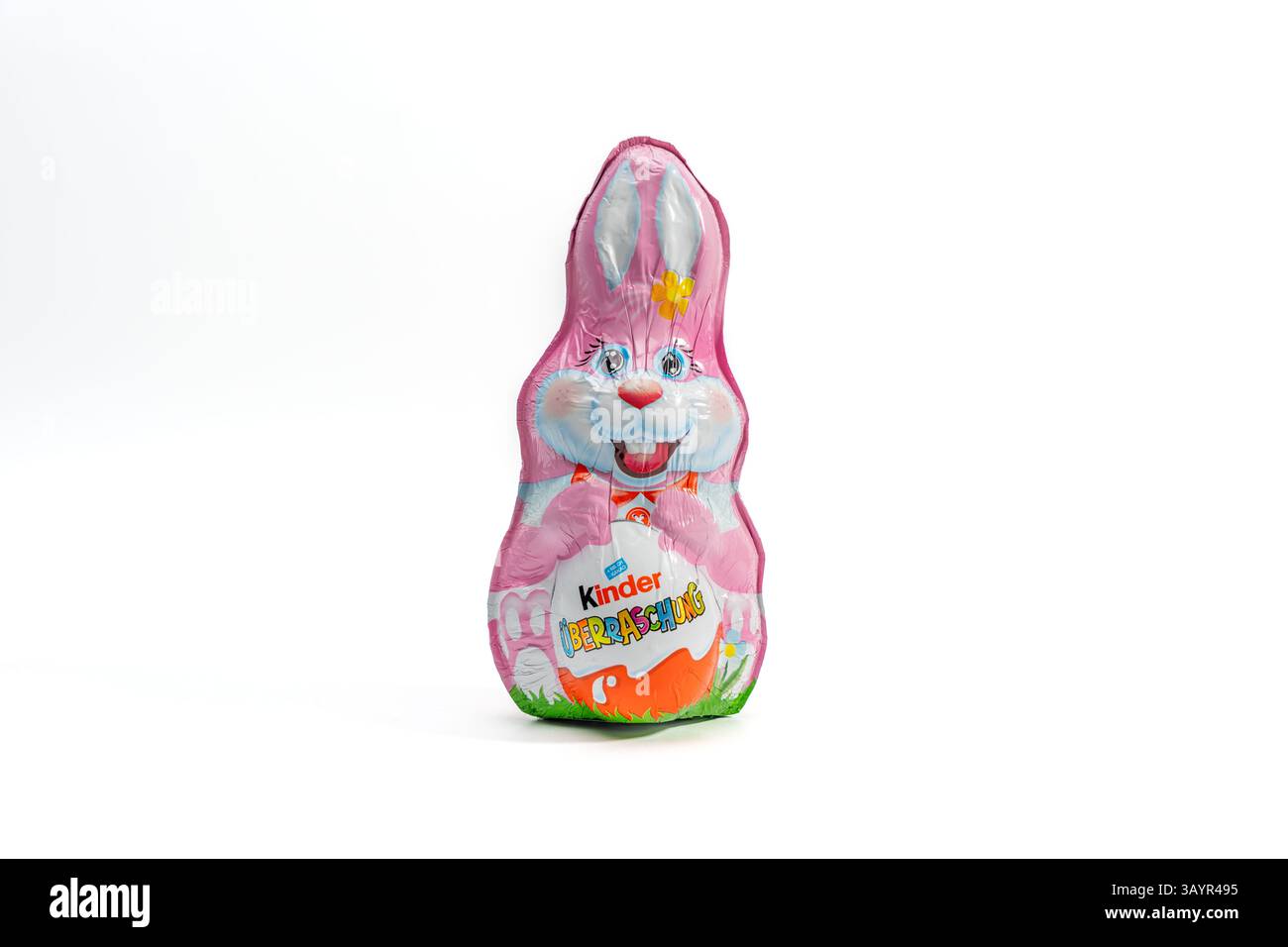 Germany Berlin April 21, 2025. Chocolate bunny Kinder uberraschung ...