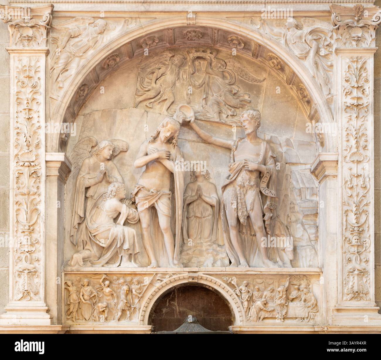 PISTOIA, ITALY - MARCH 16, 2025: The marble relief of Baptism of Christ ...