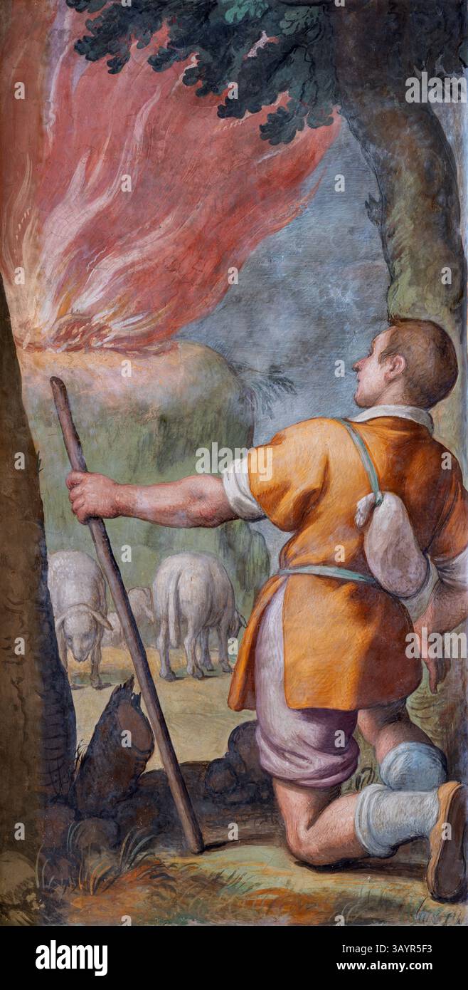 PISTOIA, ITALY - MARCH 16, 2025: The baroque fresco of Moses before burning bush in the chruch ...