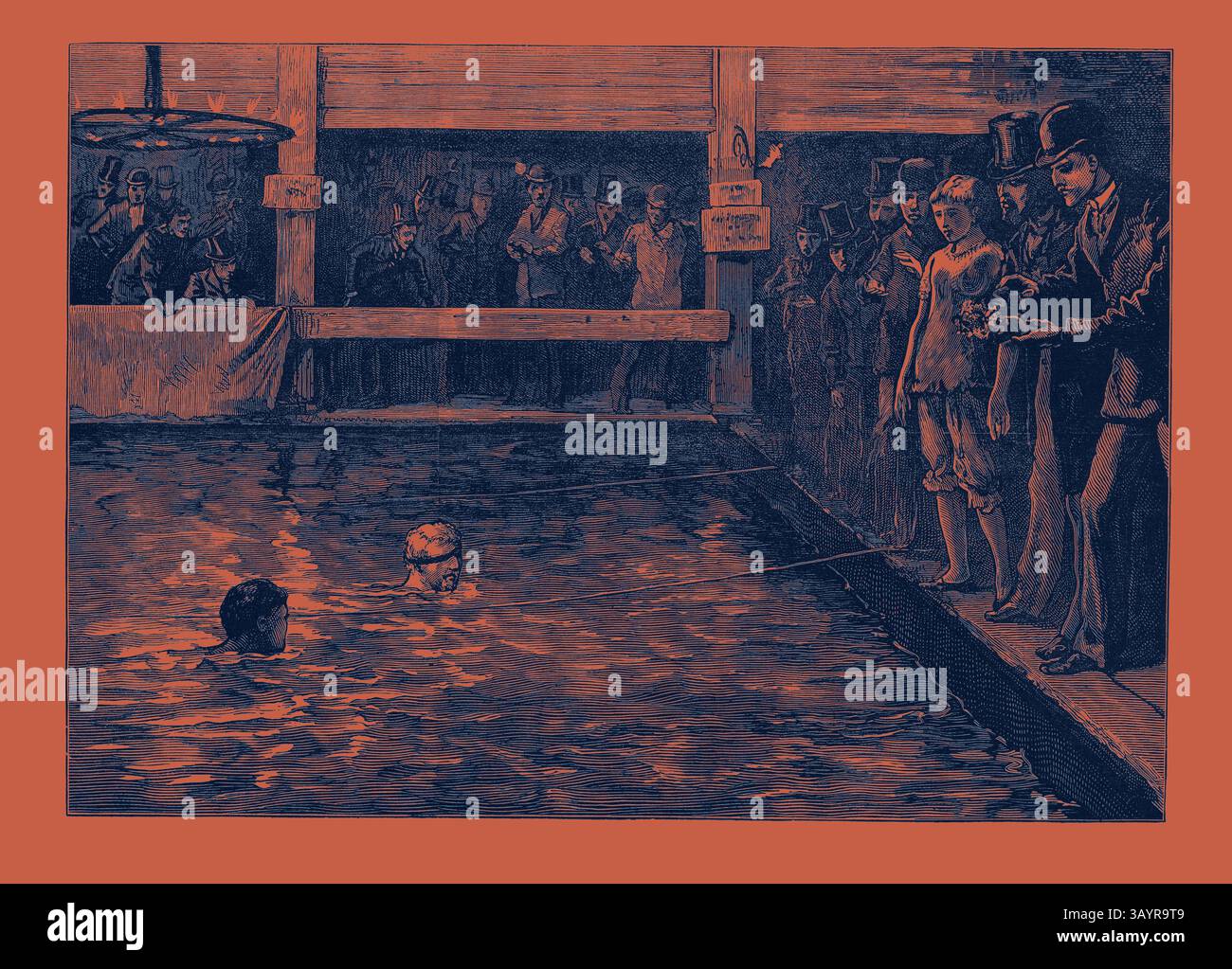 An early 20th-century swimming competition is taking place in a crowded ...