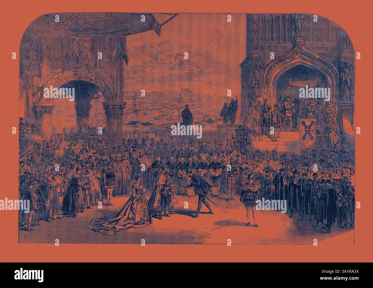 A grand assembly takes place in a historic setting, featuring a regal ...