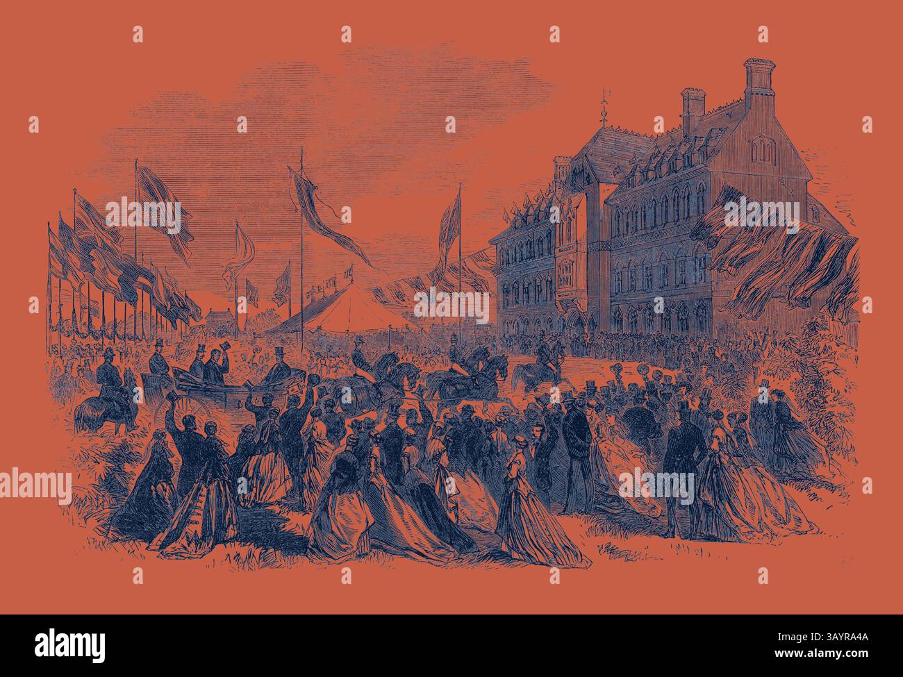 A grand gathering takes place outside an impressive building, adorned ...