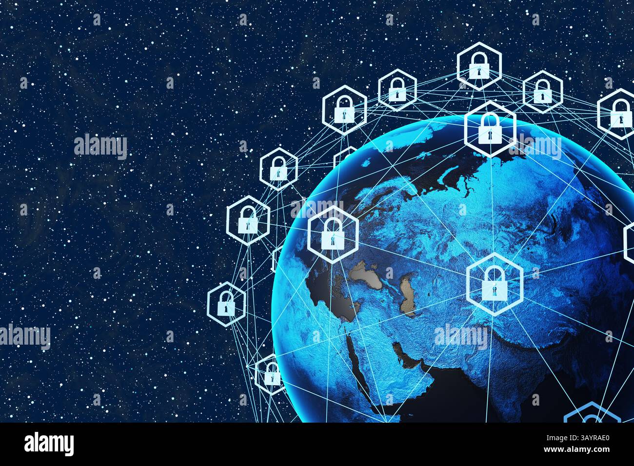 Interconnected wire mesh with padlock icons at its nodes surrounding ...
