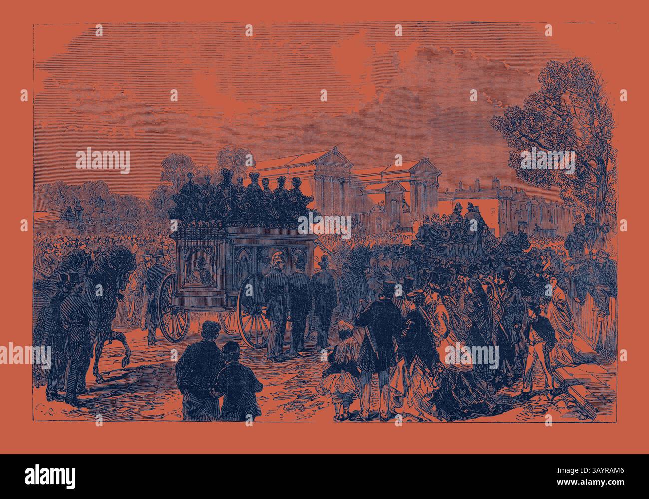 A solemn procession features a horse-drawn carriage surrounded by a ...