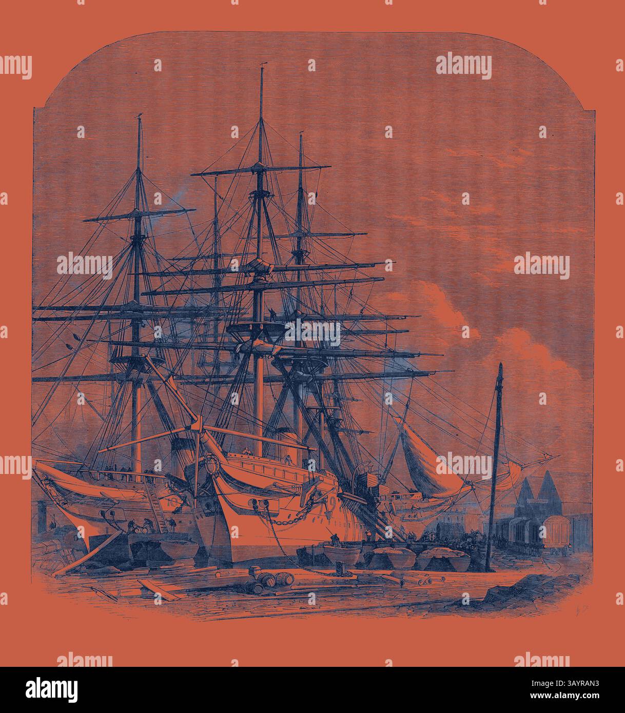 A dramatic maritime scene featuring an intricate arrangement of tall ...