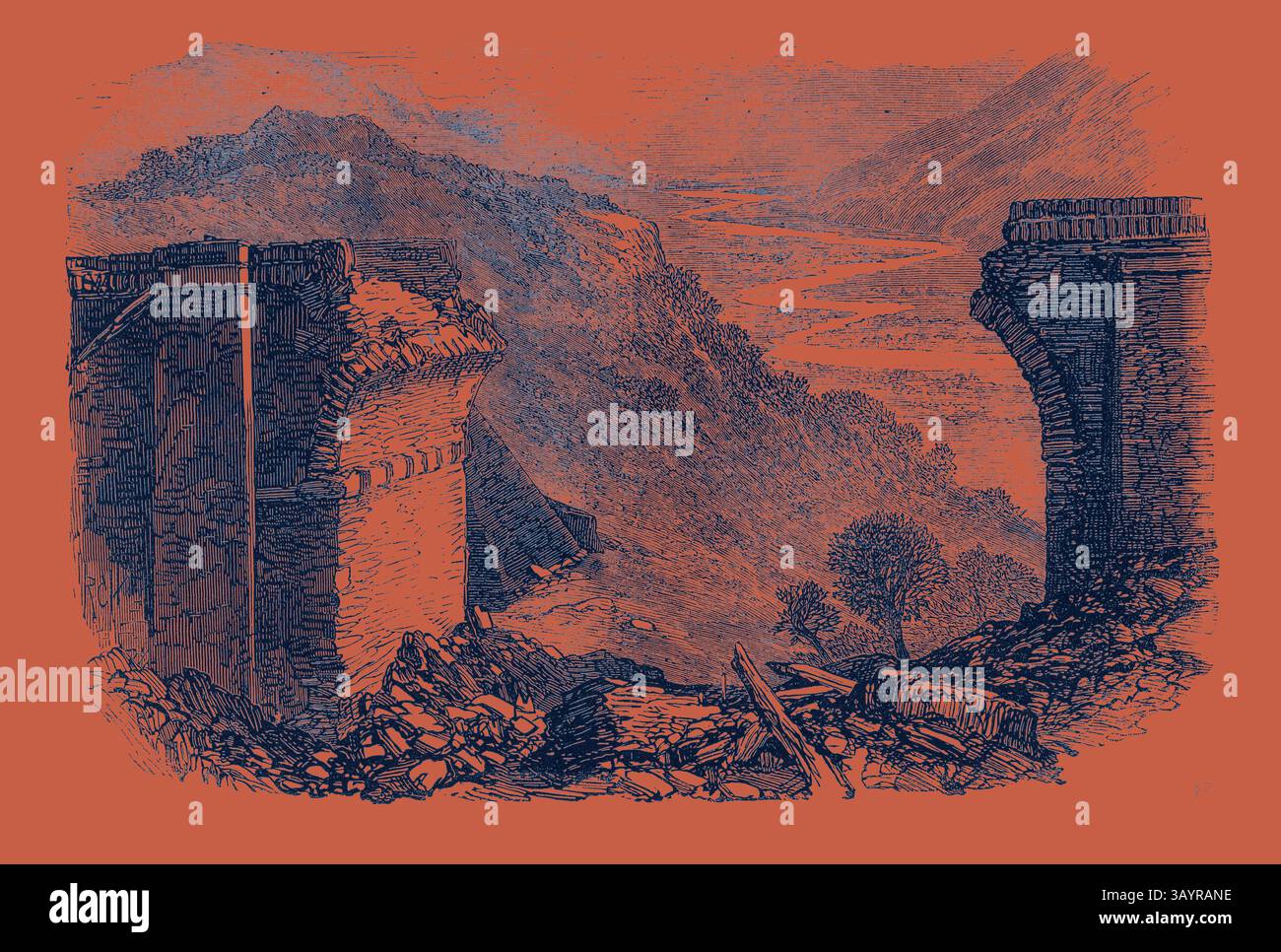 A depiction of ancient ruins, characterized by crumbling stone walls ...