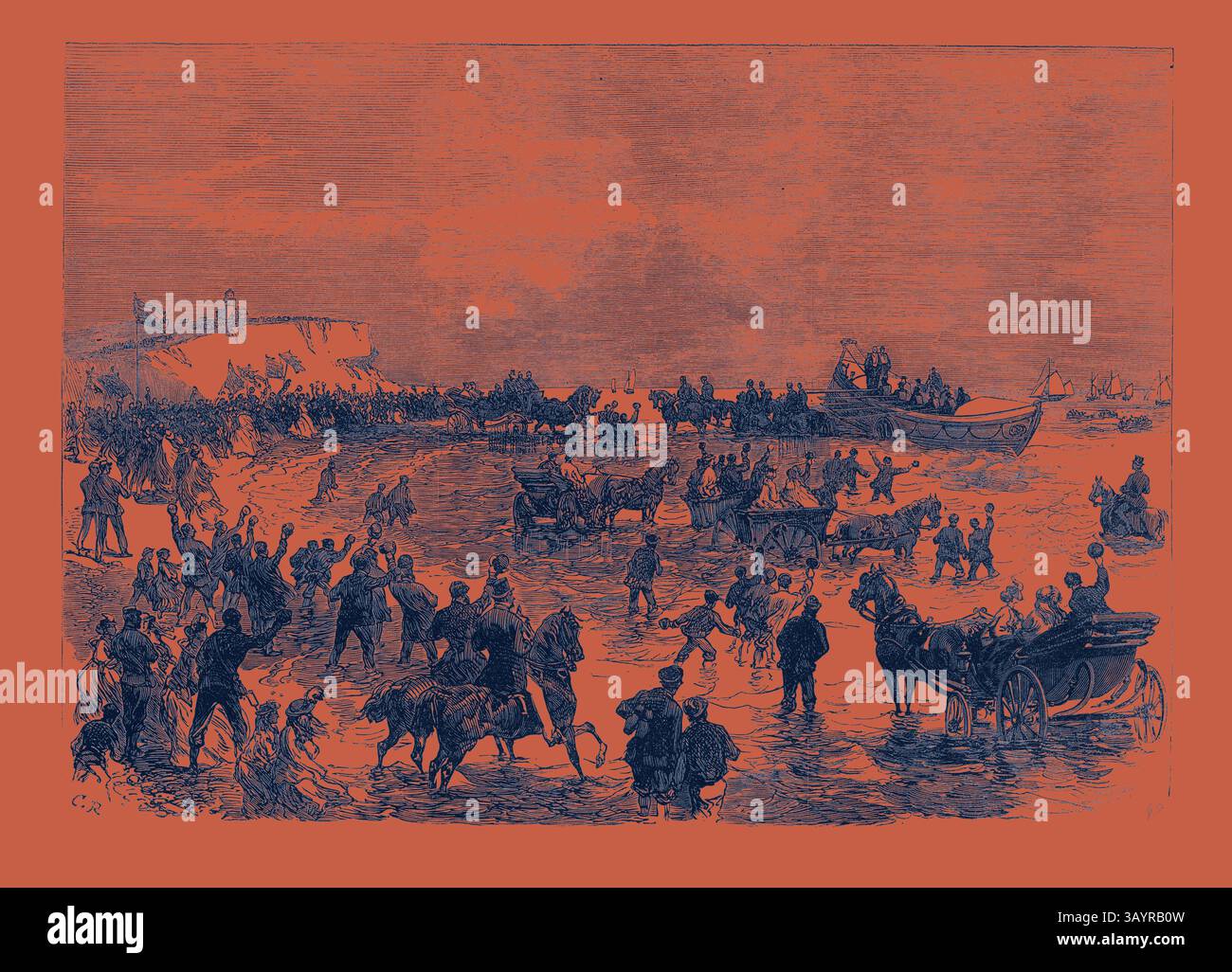 A bustling scene depicting a shoreline filled with people, horses, and ...