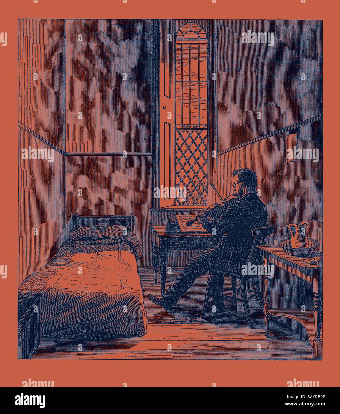 A solitary figure sits at a table in a sparse room, absorbed in writing ...