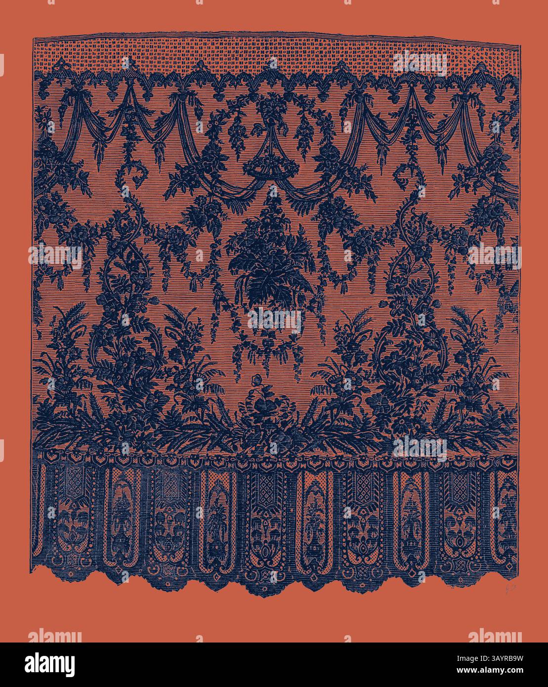 An intricate textile design featuring elaborate floral motifs and ...