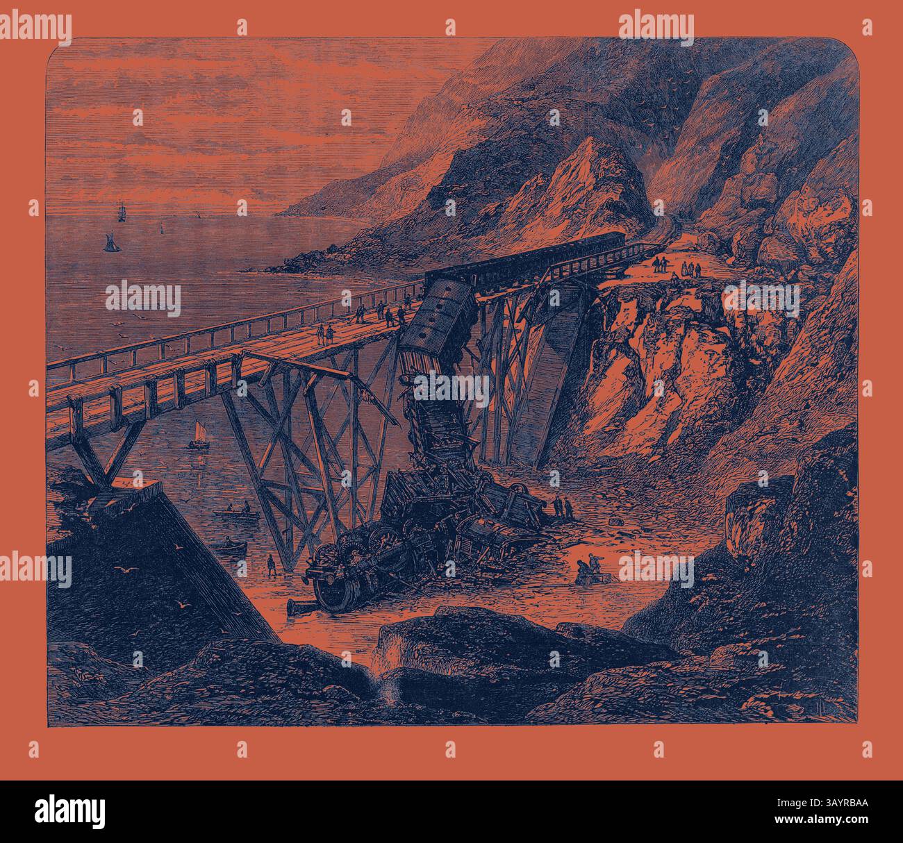 A coastal railway scene features a large steam locomotive and a freight ...