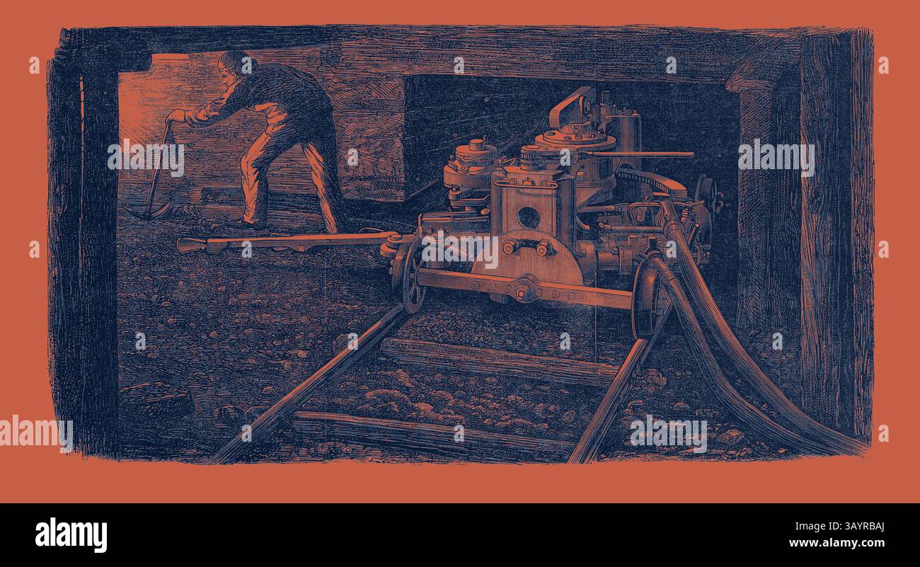 An underground scene depicting a miner utilizing a manual rail system ...