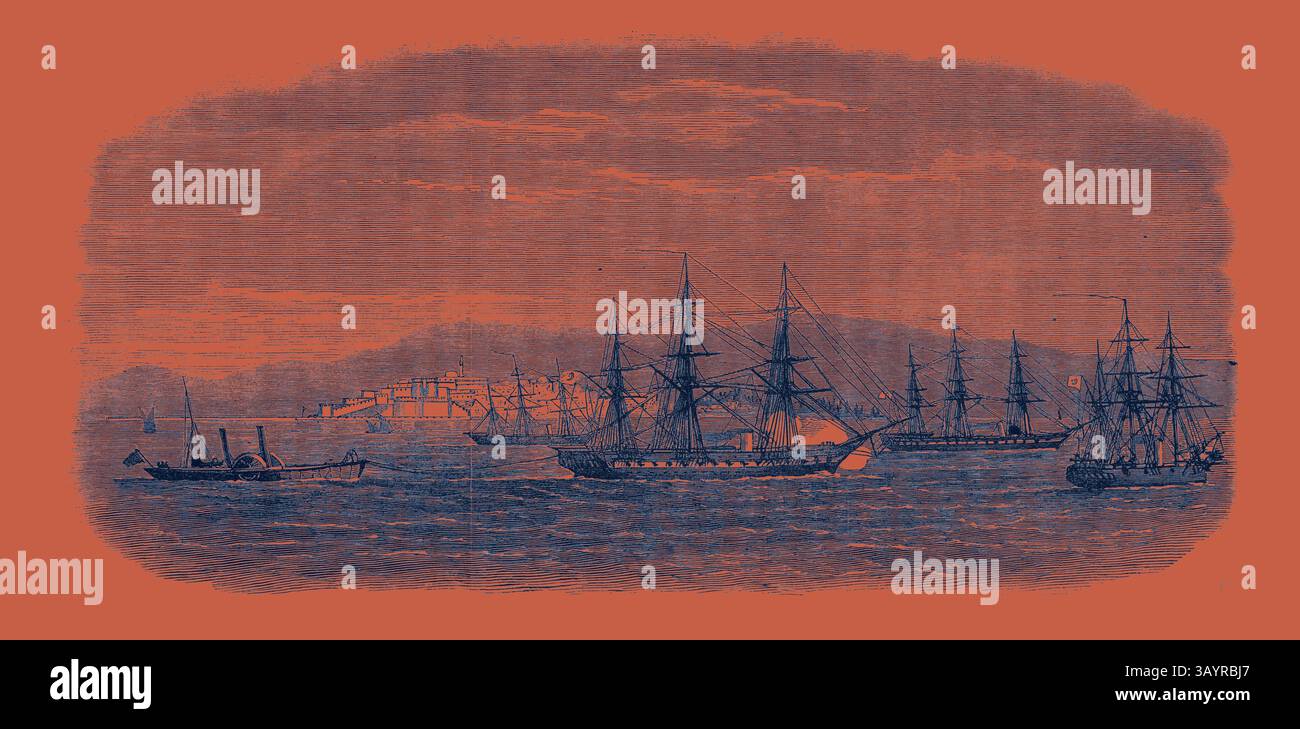 A bustling maritime scene featuring several ships navigating the waters ...