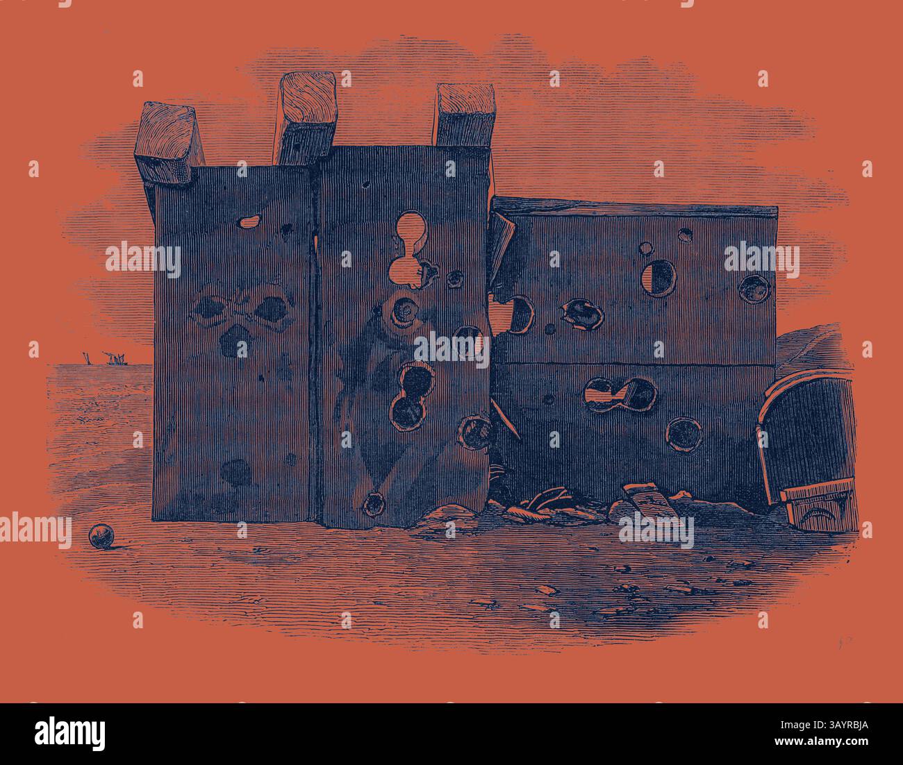 A weathered structure marked by bullet holes stands against a barren ...