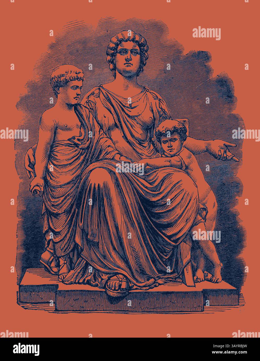 A regal figure seated on a throne, adorned in flowing robes, holds two ...