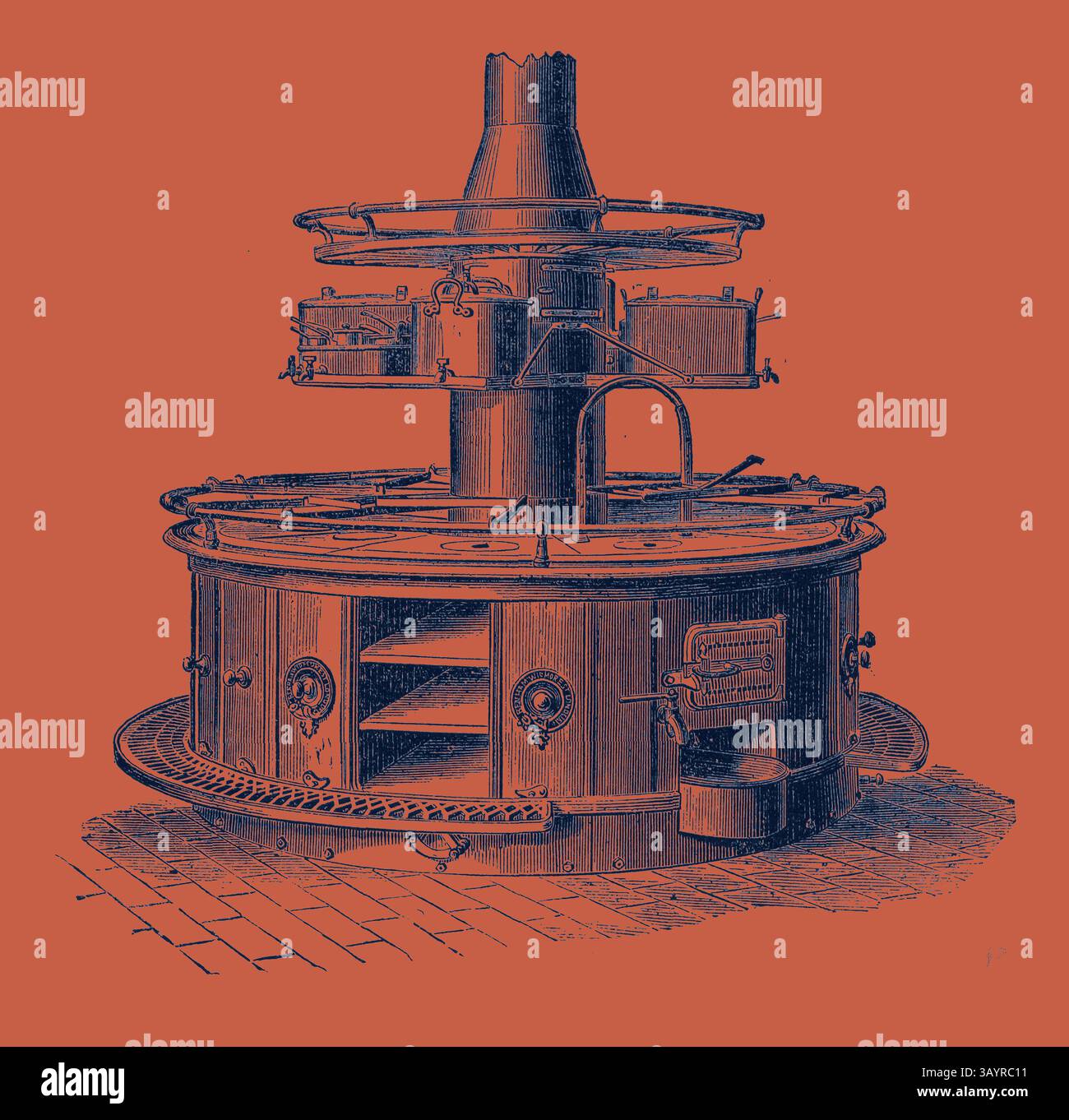 A vintage industrial machine featuring a circular base with an elevated ...