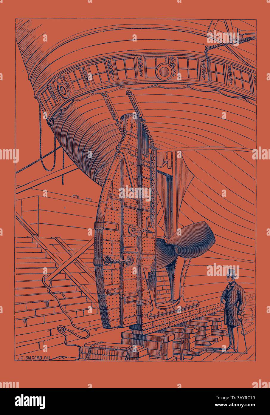 A detailed illustration of a massive ship under construction ...