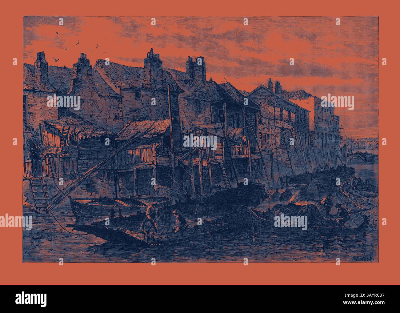 A bustling waterfront scene features wooden structures lining the shore ...