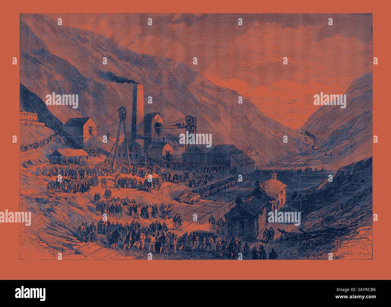 A bustling mining community nestled in a valley, surrounded by ...