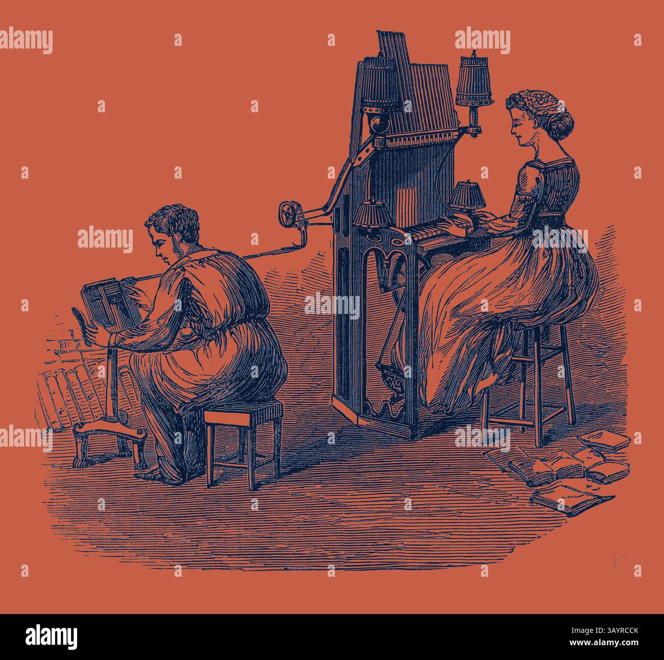 A historical scene depicting two individuals engaged in the process of ...