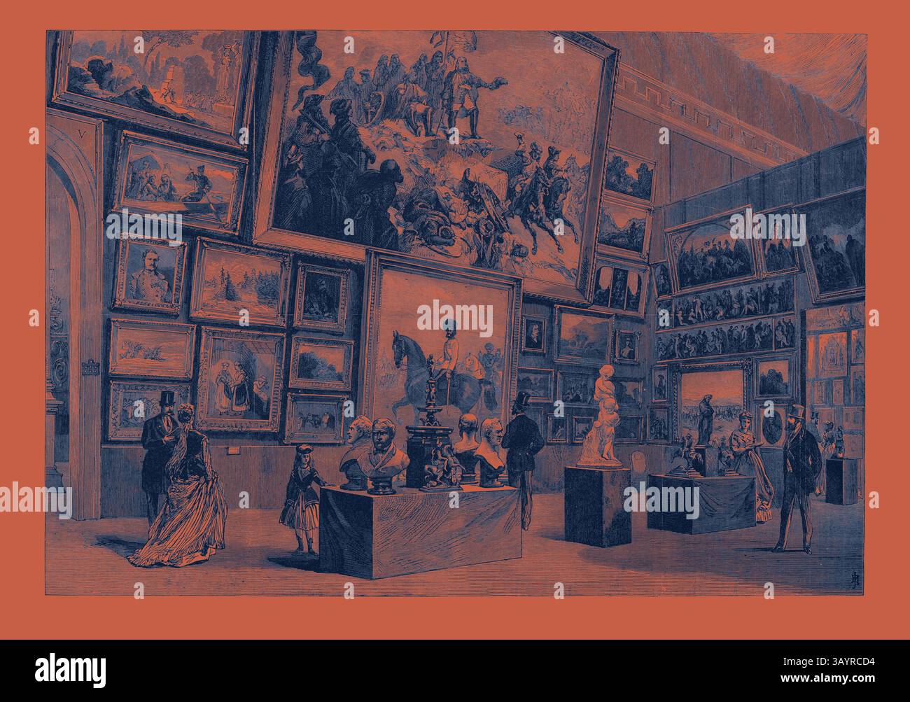 An elegant art gallery filled with towering frames showcasing various paintings and sculptures ...