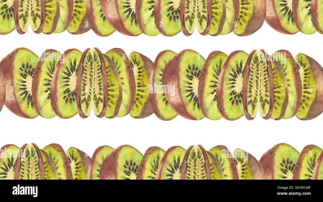 Watercolor kiwi fruit seamless horizontal border isolated on a white ...