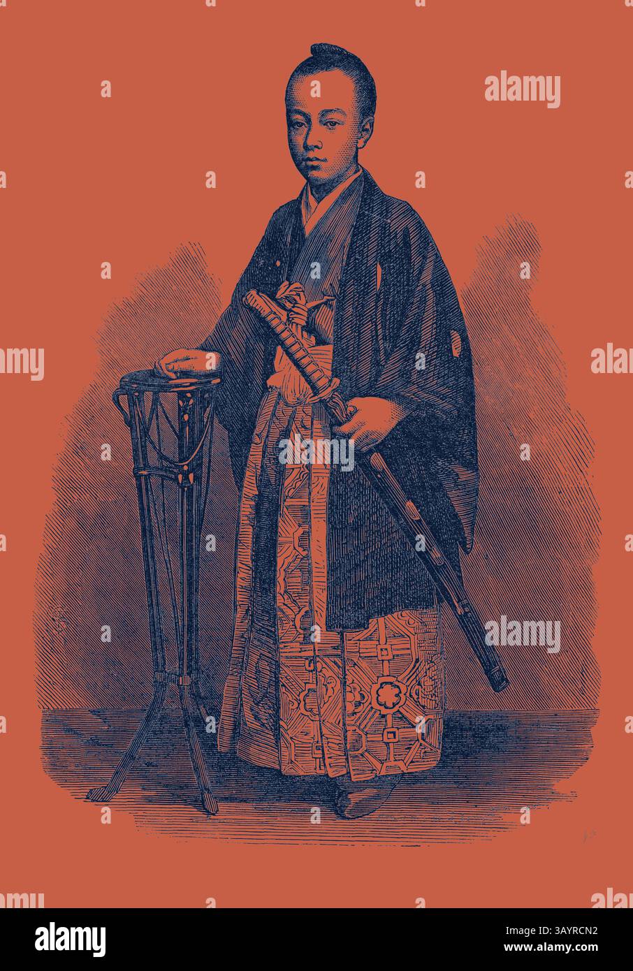 A historical figure dressed in traditional Japanese attire stands ...