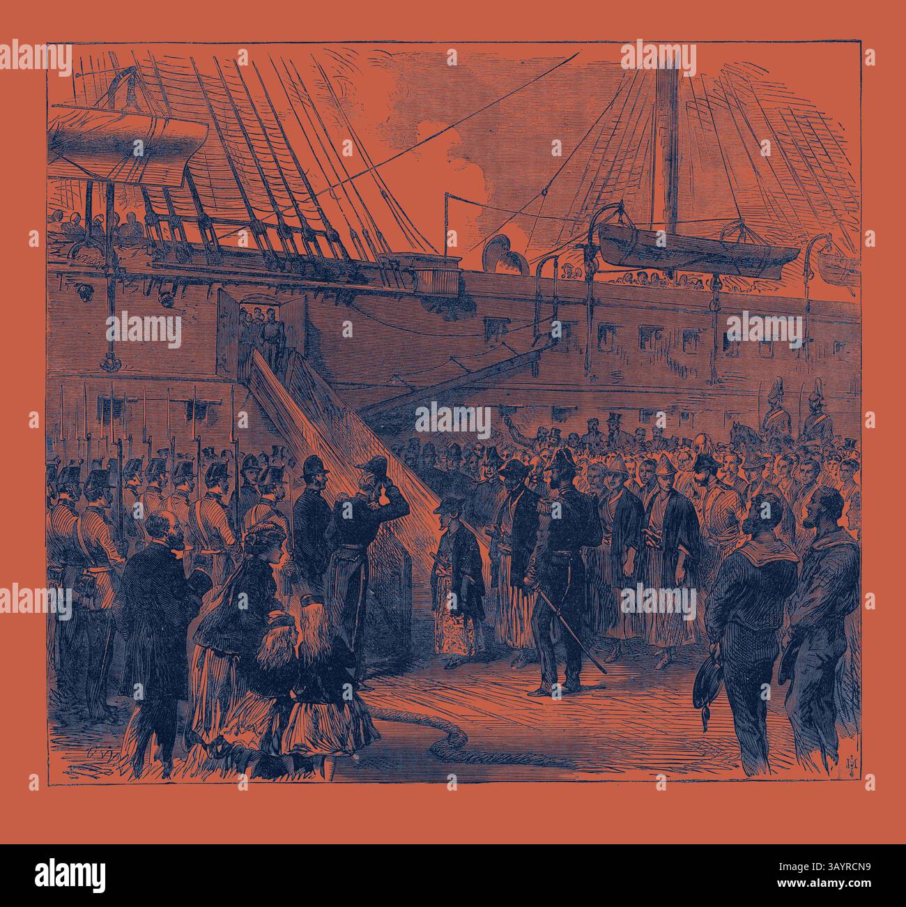 A bustling scene at a dock, where a large ship looms in the background ...
