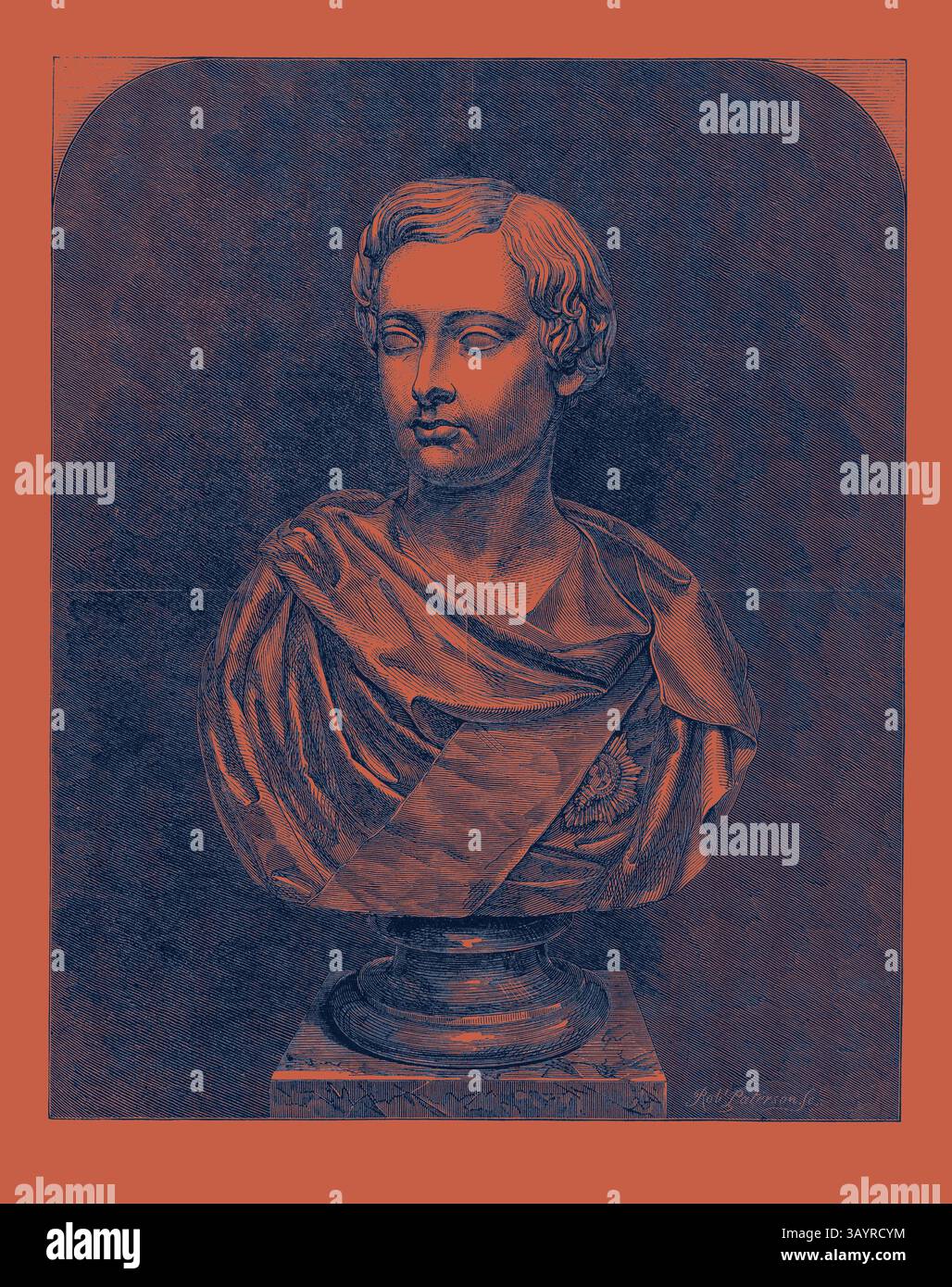 A classical bust of a young man dressed in a draped garment, displayed ...