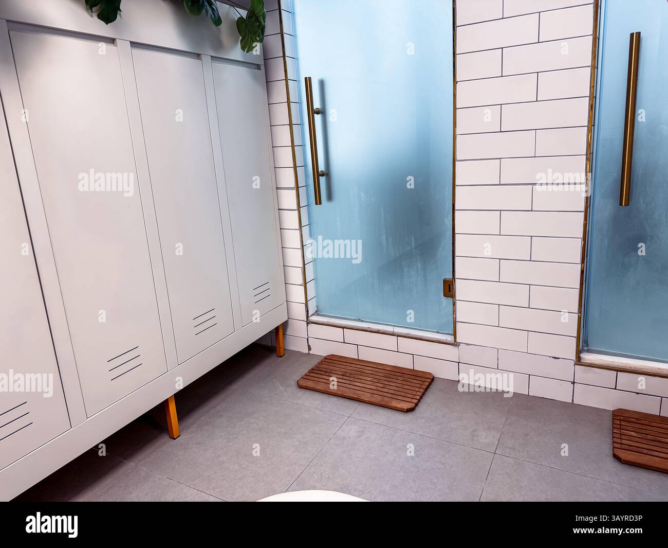 Modern changing room interior with glass doors and minimalistic design ...