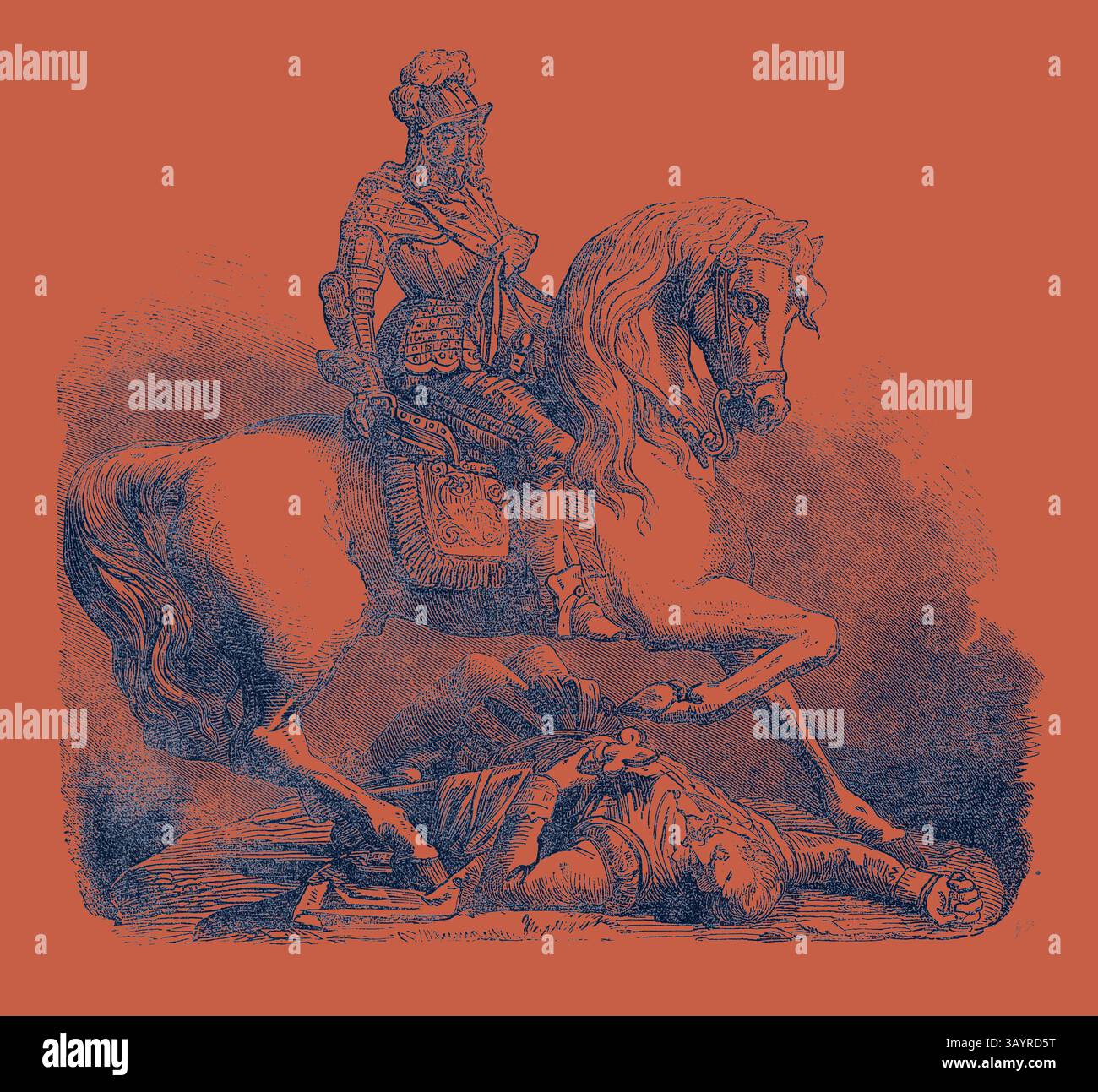 A regal figure in armor rides a powerful horse, imposing and majestic ...