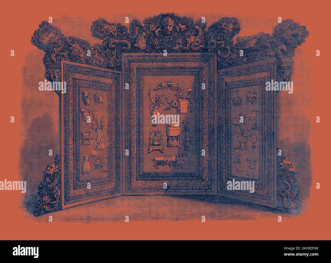 An intricately designed triptych displays an array of artistic elements ...