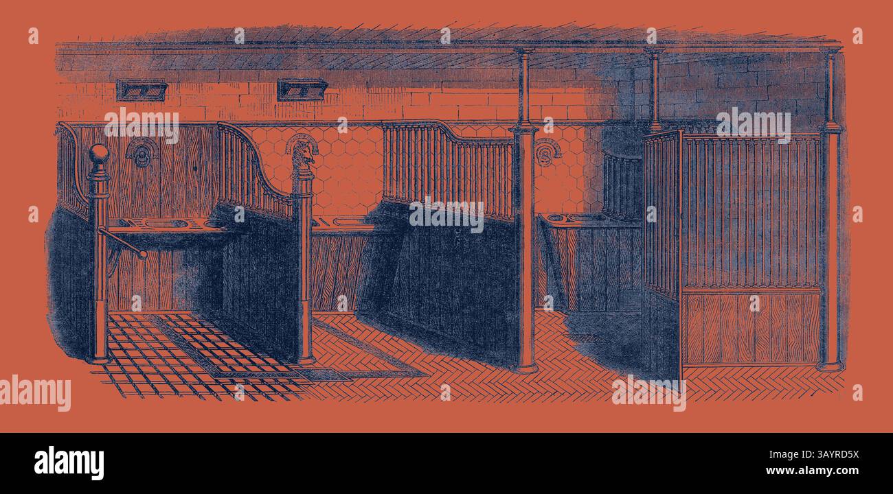 An architectural illustration depicting a series of stall-like ...