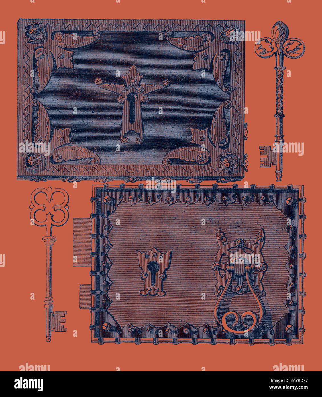 An ornate collection of vintage keys and decorative lock plates ...