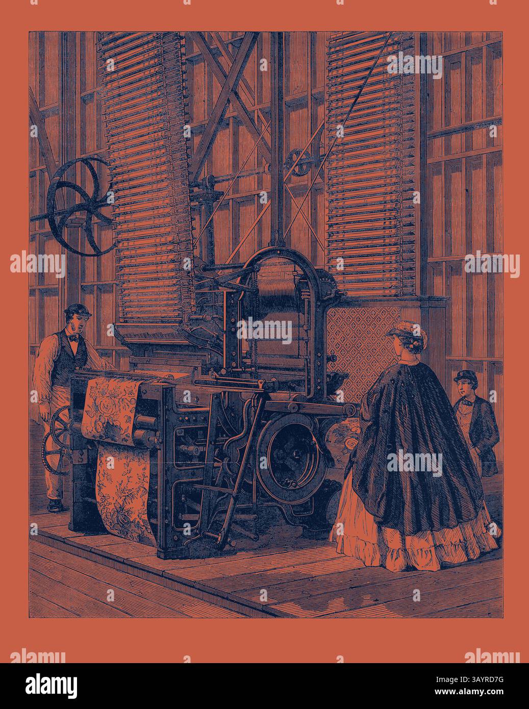 A scene depicting a historic textile printing workshop, featuring a ...