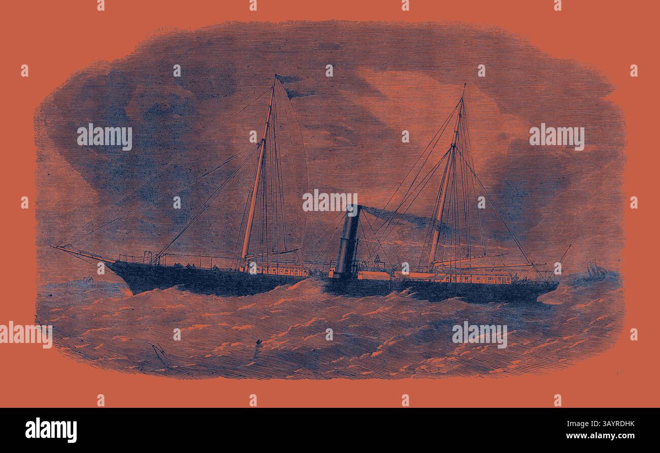 A vintage steamship navigates turbulent waters, its sails billowing ...