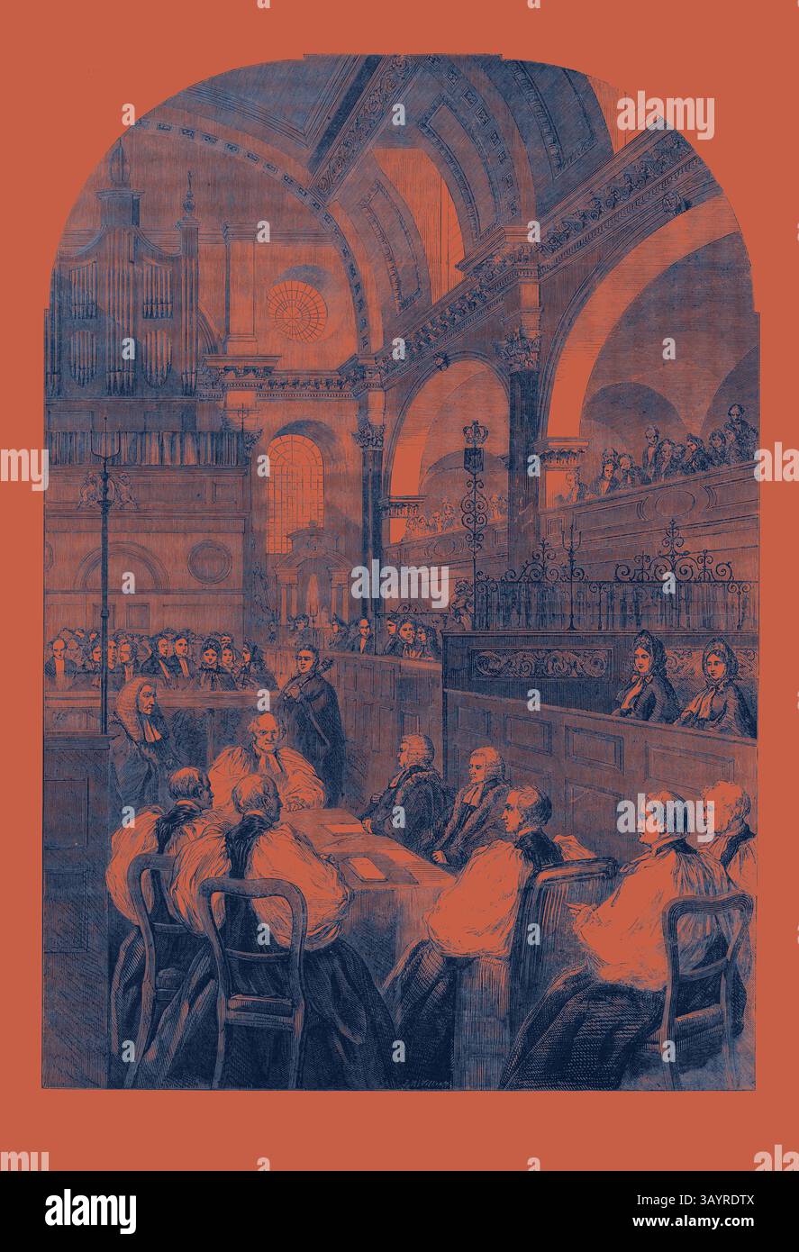 A historic courtroom scene, showcasing a gathering of legal figures and ...