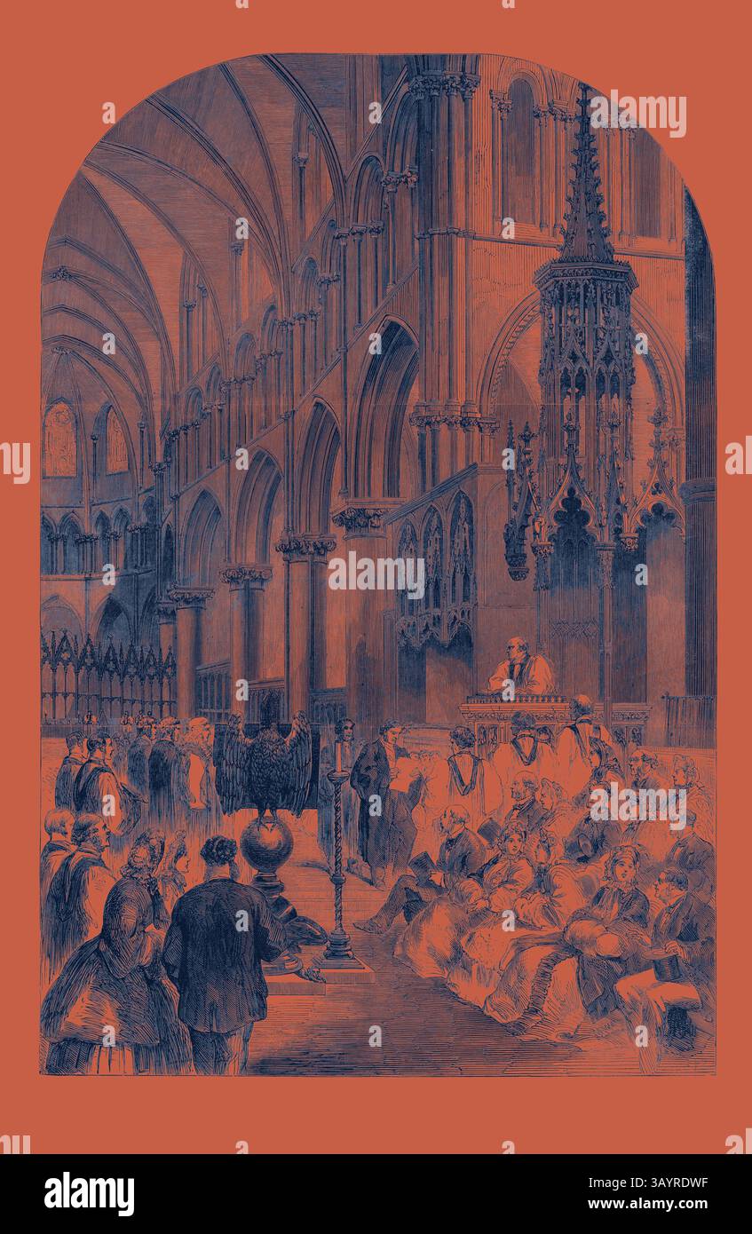 A historic scene depicts a gathering in a grand, cathedral-like space ...