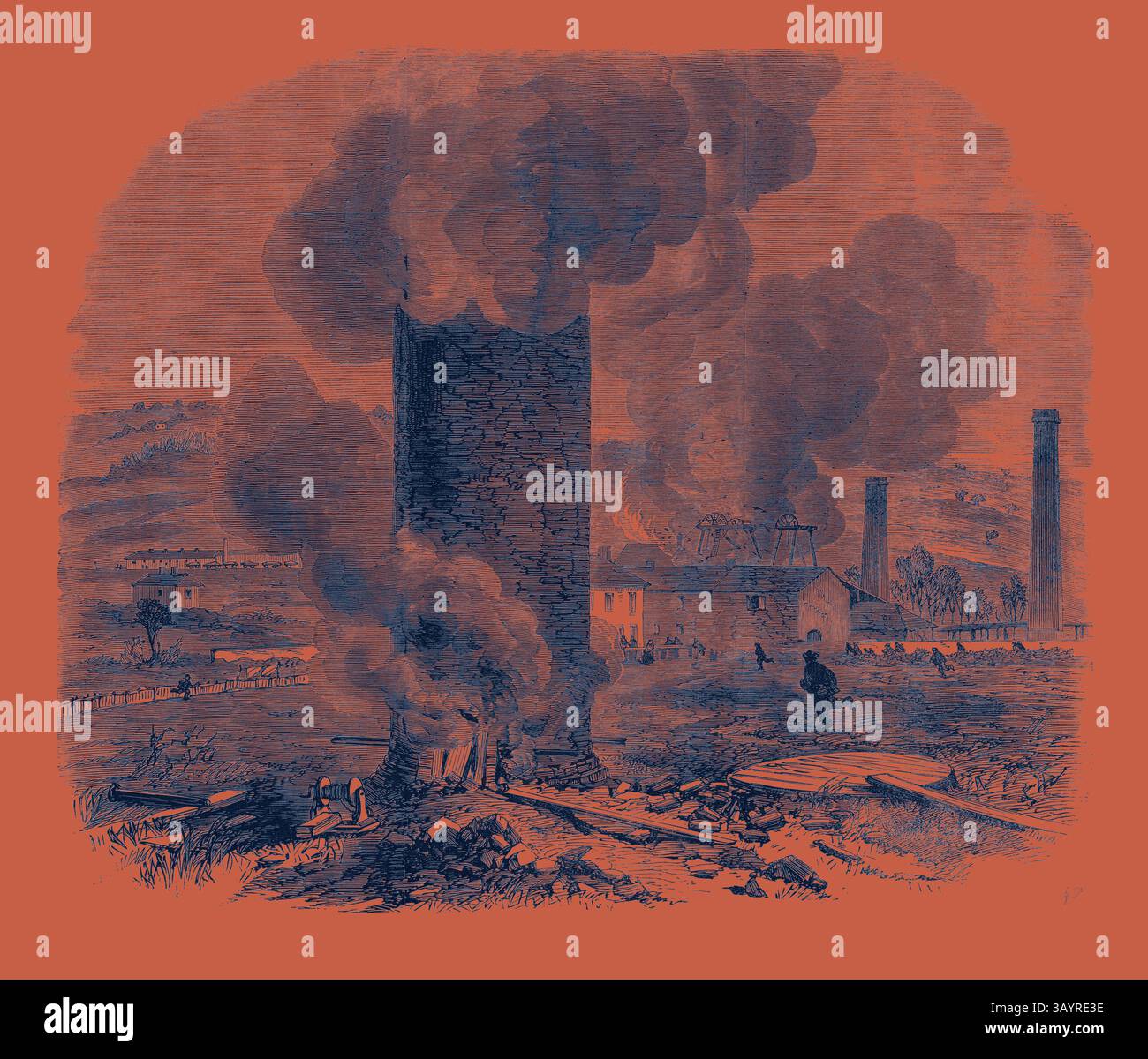 Historical industrial scene depicts tall chimneys hi-res stock ...