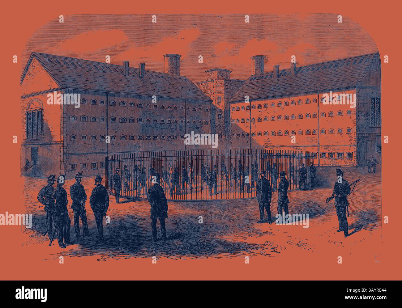 A historical depiction of a prison courtyard, featuring guards and ...