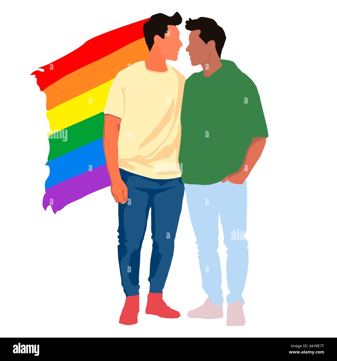 Vector illustration of two men hugging each other with an LGBT flag ...