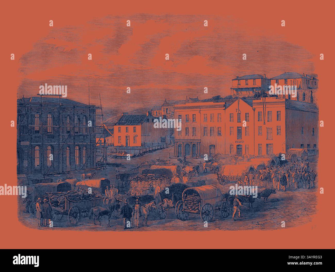 A bustling town square scene filled with horse-drawn wagons, vendors ...