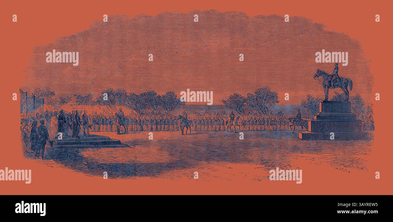 A historical scene depicting a crowd gathered around a statue of a ...