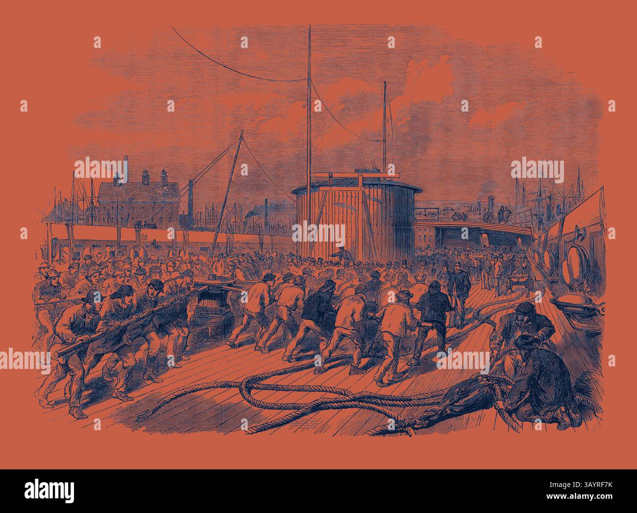A bustling harbor scene depicts a large group of workers pulling on ...