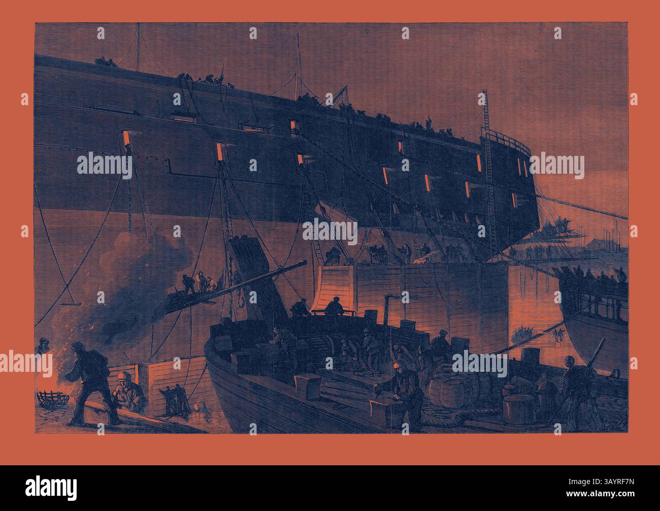 A bustling shipyard scene depicts workers collaborating to construct a ...