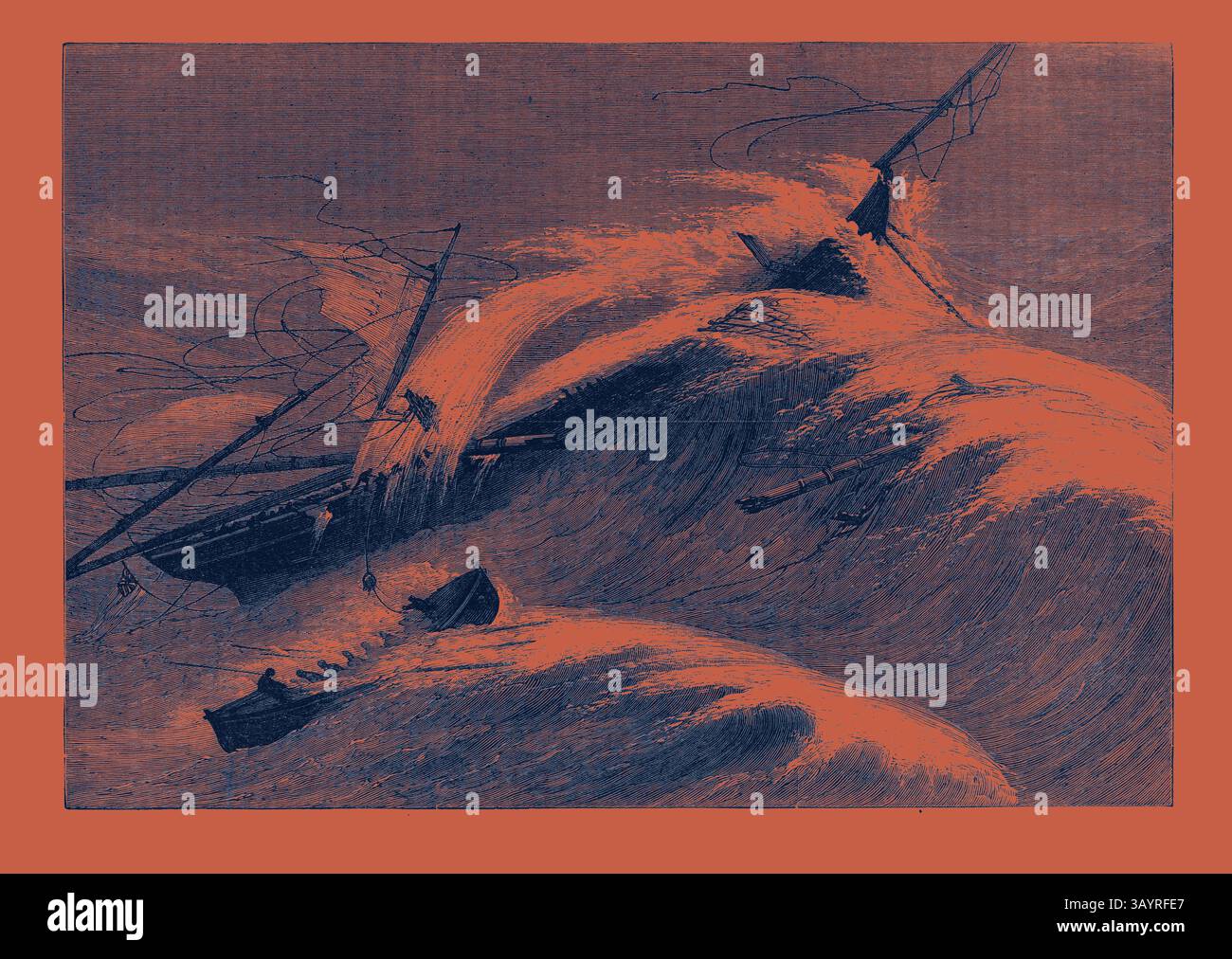 A tumultuous sea scene captures a ship battling fierce waves, with ...