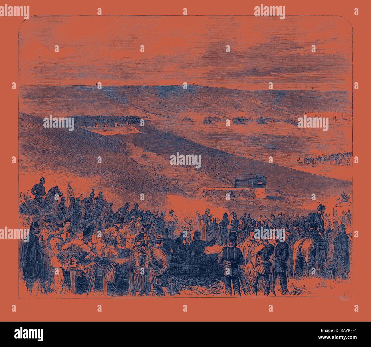 A gathering of soldiers and civilians is depicted in a scene that ...